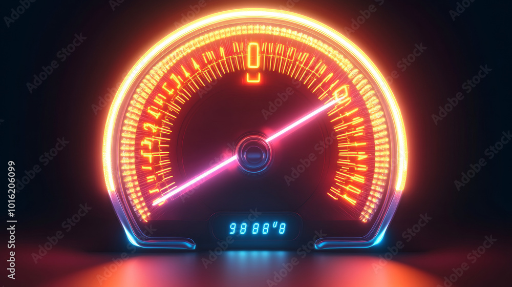 This vibrant vector illustration features a neon car speedometer ...