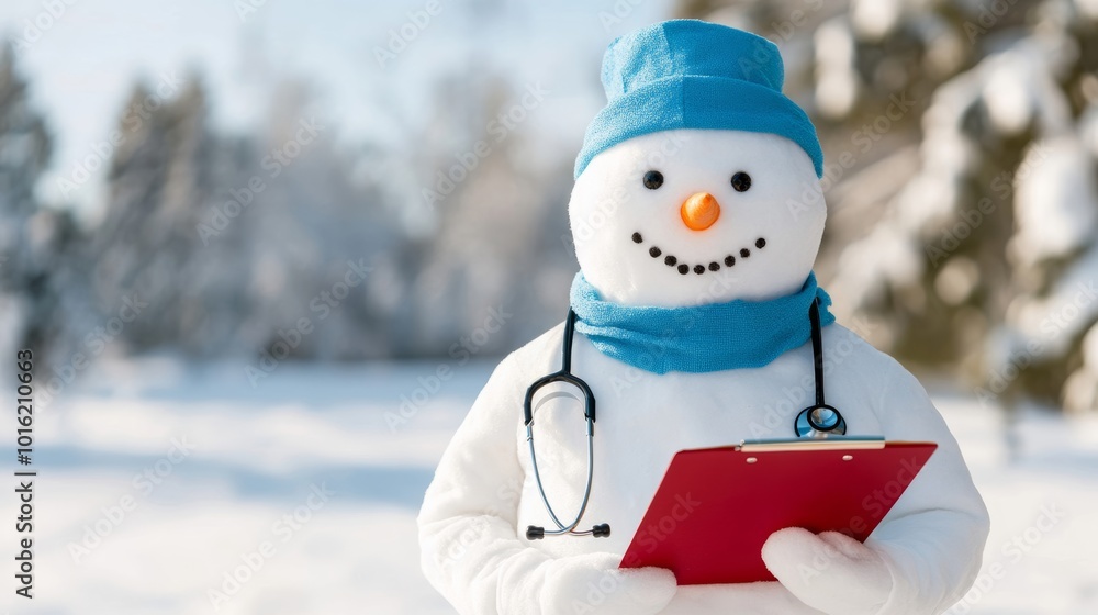 Snowman as a doctor with a stethoscope around its neck, holding a ...