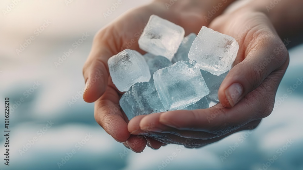 Hands holding melting ice cubes, representing the global impact of rising temperatures and polar ...