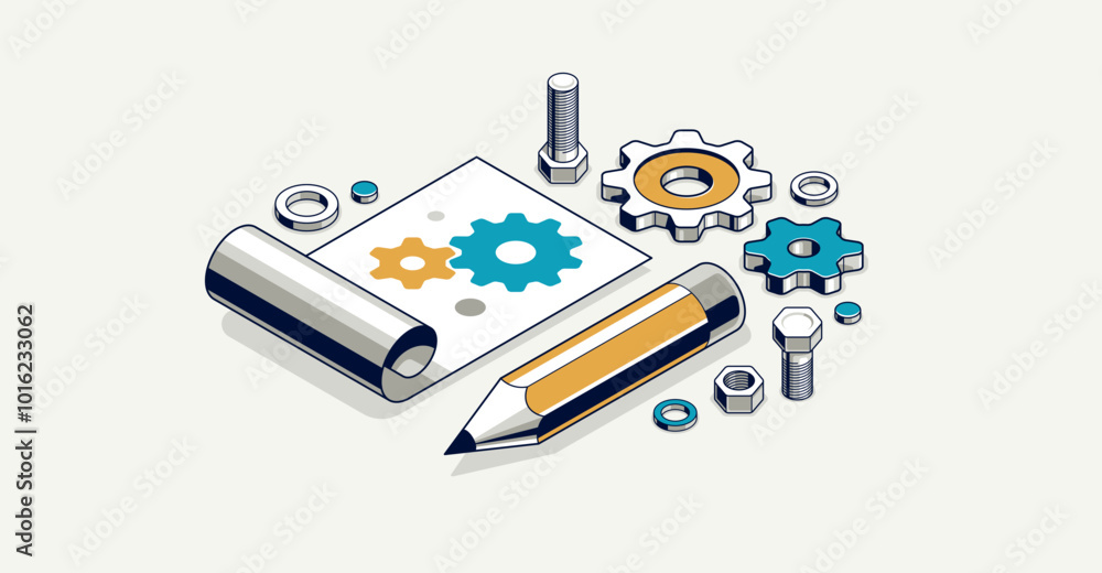 Mechanical engineering project concept, engine draft plan drawing, technical scheme blueprint ...