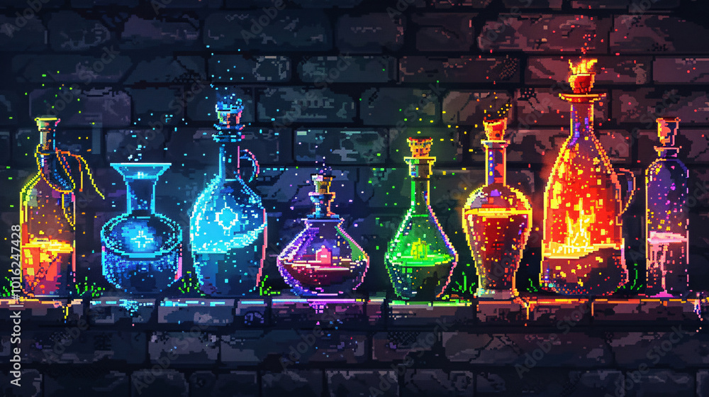 A fantasy-themed graphic set including pixel art symbols of potion ...