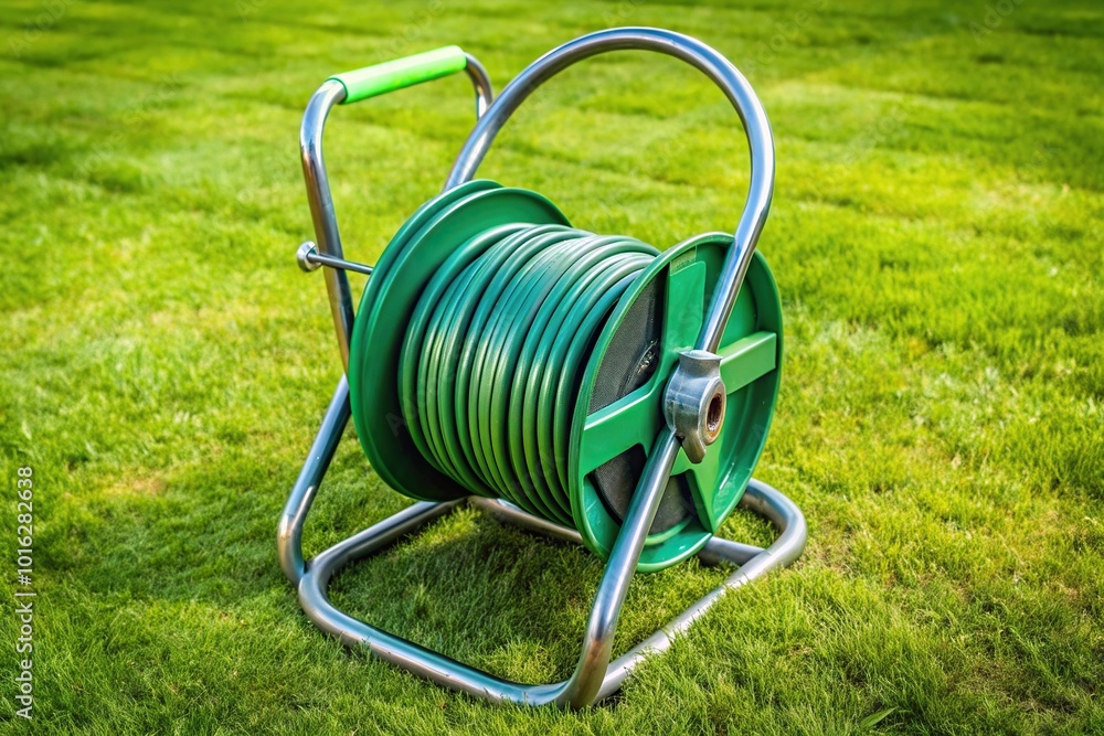 High angle garden hose pipe reel on wheels ready for watering plants ...