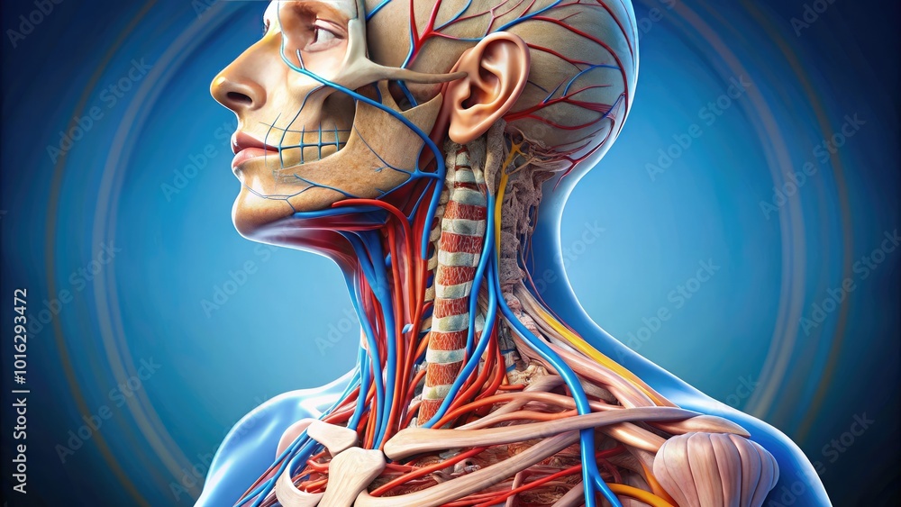 Detailed illustration of human neck anatomy showing cervical vertebrae ...