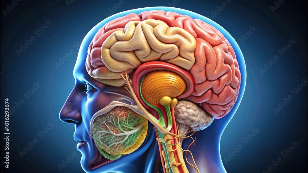 Detailed illustration of the human brain's sagittal anatomy, showcasing ...
