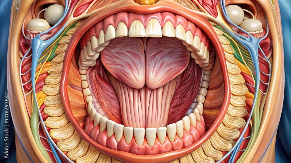 Detailed illustration of the human oral cavity, showcasing teeth, gums ...