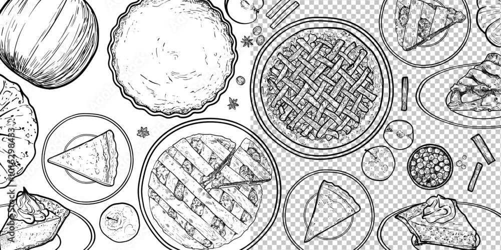 Hand drawn outline vector top view pies. Food assets in outline only on ...