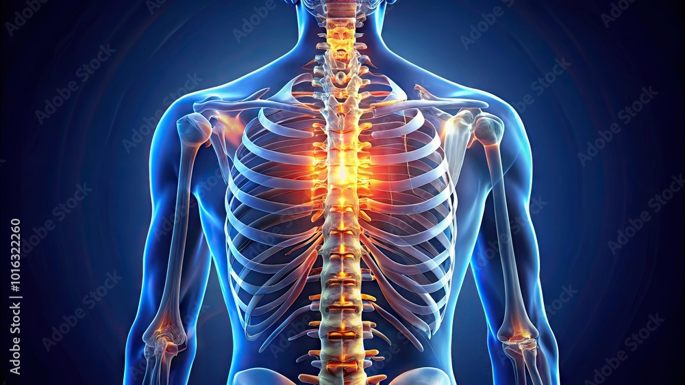 Illuminated 3D rendering of the thoracic spine, showcasing vertebrae ...