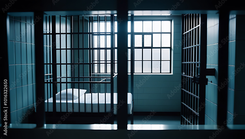 empty jail cell iron bars bed window secure isolated prison environment ...