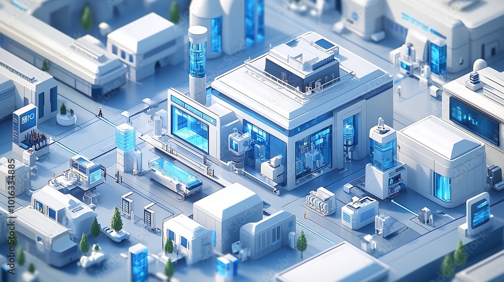 A detailed isometric view of a hospital wing powered by hydrogen energy ...