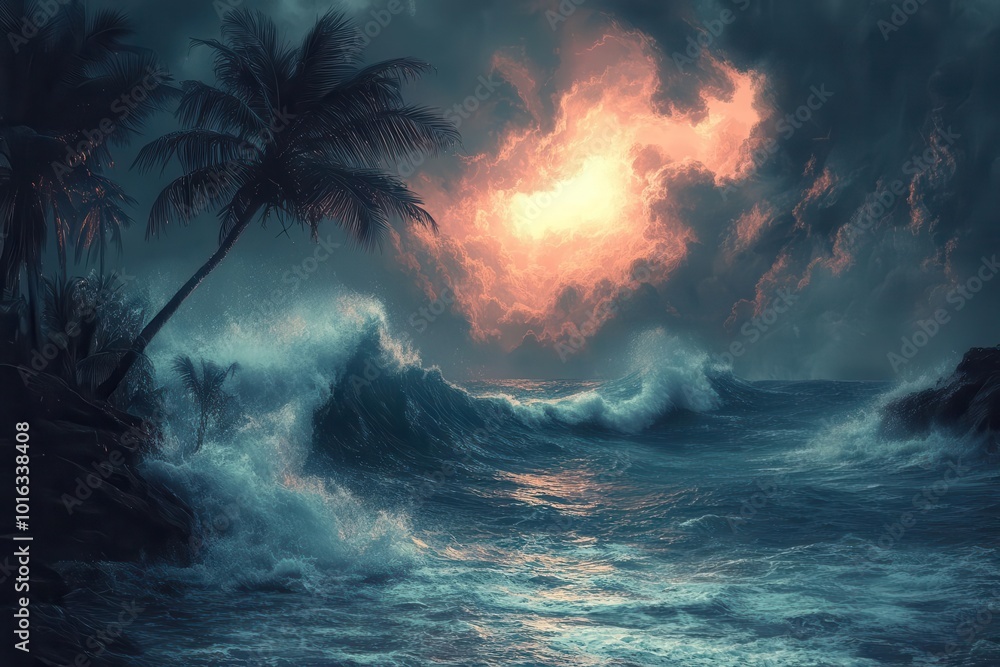 dramatic illustration of hurricane approaching island swirling clouds ...