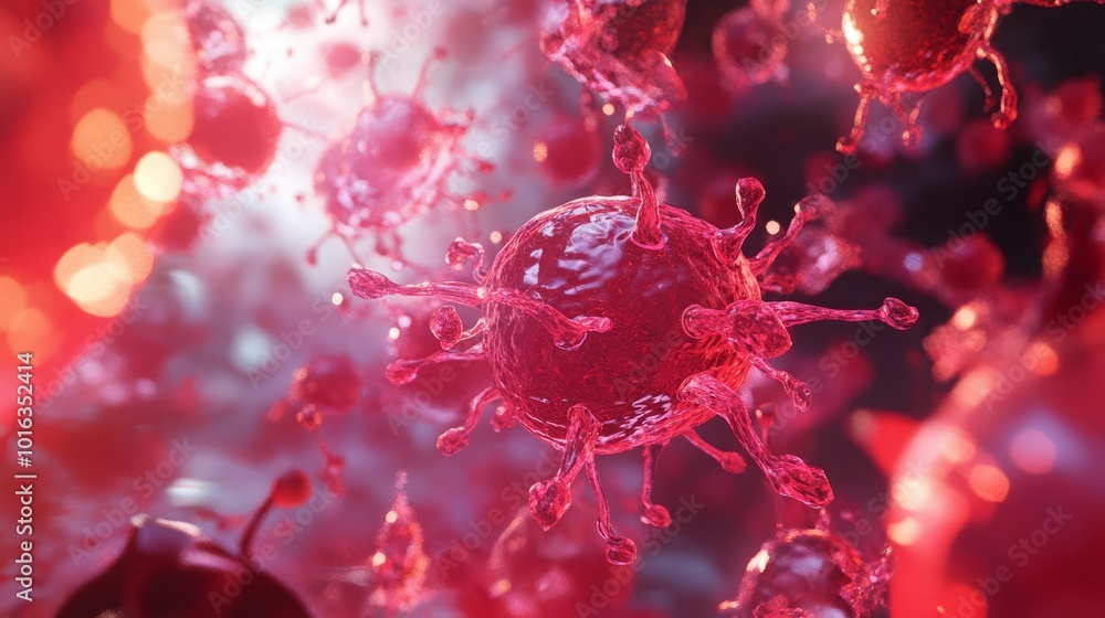 Magnified microscope image of blood cells and white blood cells in the ...