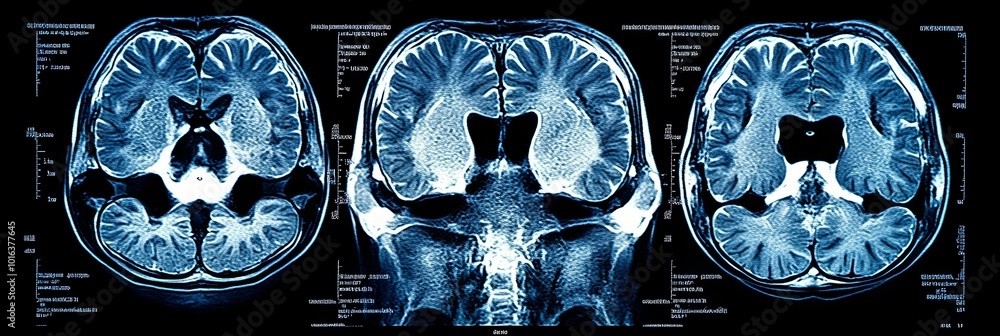 Detailed three-dimensional magnetic resonance imaging MRI scan of the human brain,showing the ...
