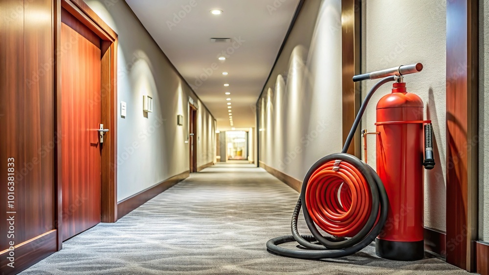 Aerial fire extinguisher and fire hose reel in hotel corridor Stock ...