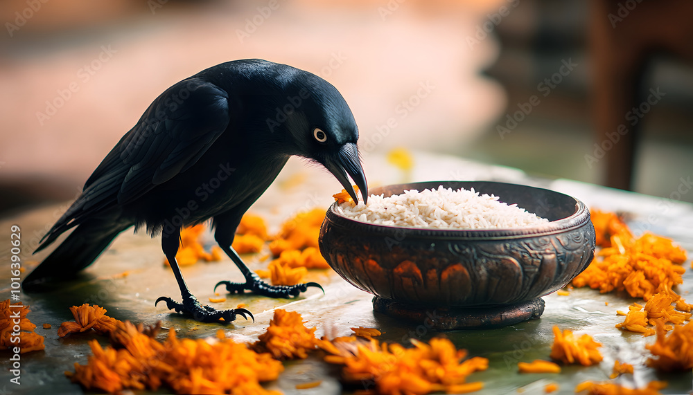 A crow eats rice offerings during the Pitru Paksha ritual, representing ...