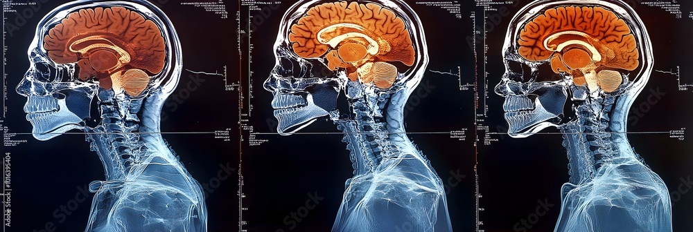 Three cross-section brain scans showing detailed anatomy and structures ...