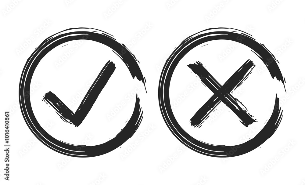 Grunge check mark and cross symbols. Hand drawn dry brush strokes ...