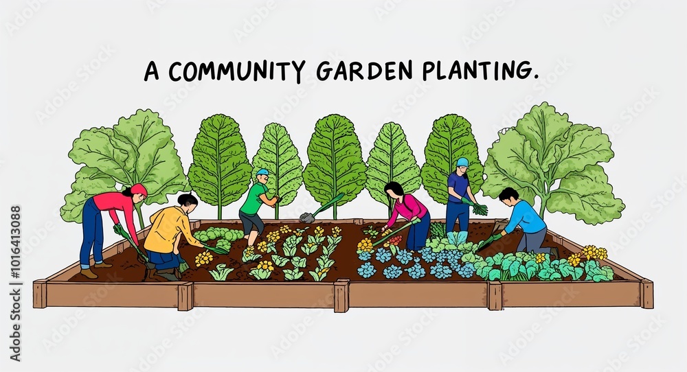 Hand drawing clipart of a community garden with volunteers planting ...