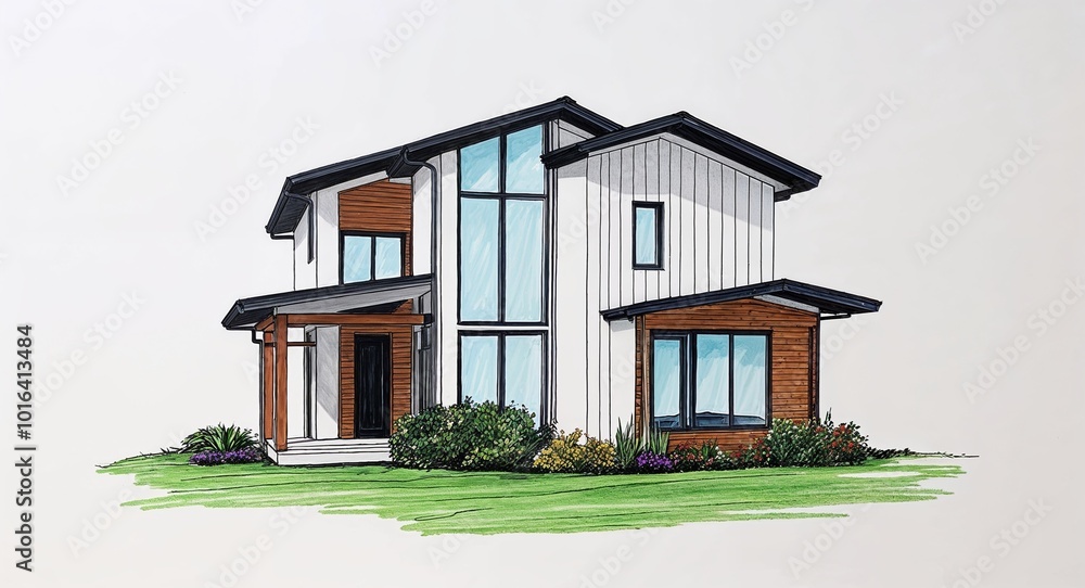Hand drawing clipart of a contemporary house on plain white background ...