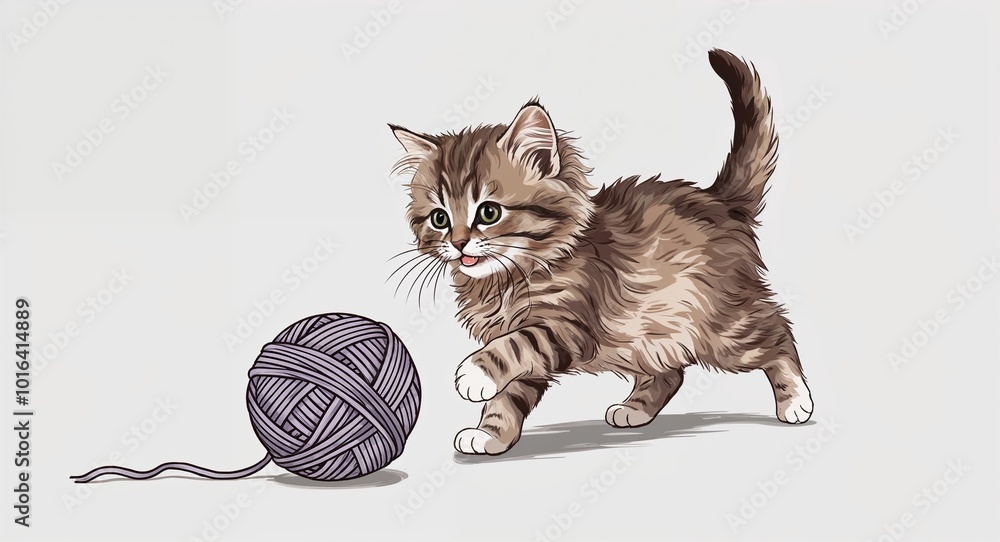 Hand drawing clipart of a fluffy kitten chasing a ball of yarn on plain ...