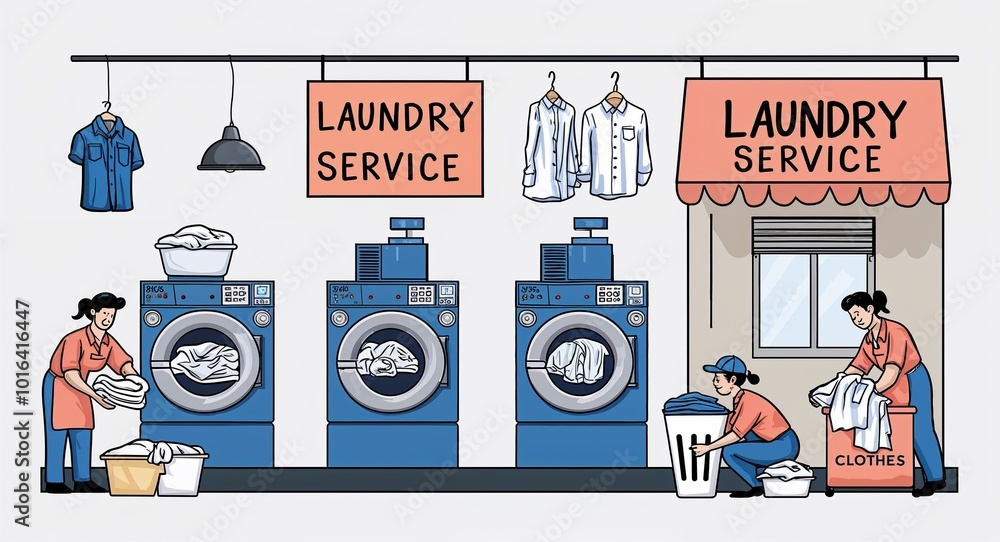 Hand drawing clipart of a laundry service with machines and staff ...
