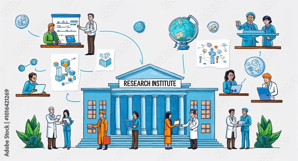 Hand drawing clipart of a research institute with scientists ...