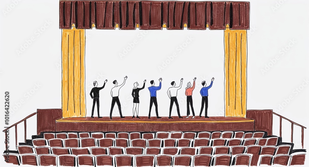 Hand drawing clipart of a theater with actors rehearsing on stage on ...