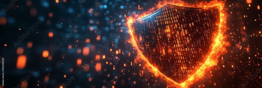 Fiery Shield with Matrix Background, a dynamic 3D shield surrounded by ...