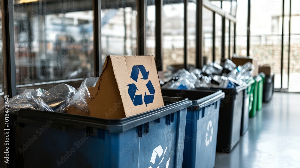 Recycling bins in an industrial setting with clear windows, filled with ...