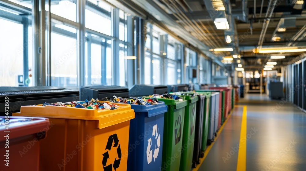 Various recycling bins, each with a different material, placed in a ...