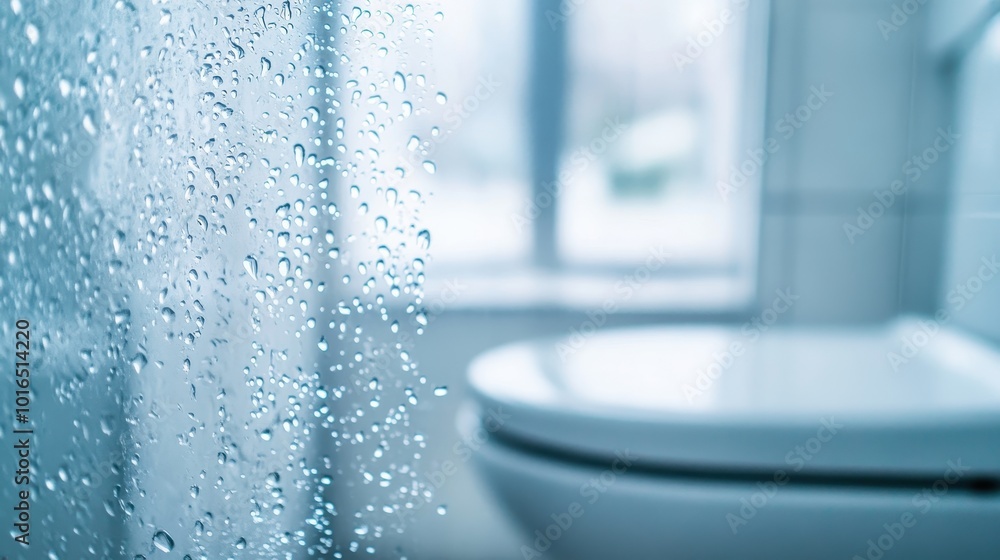 Condensation forms on the glass panel while a white toilet can be seen ...