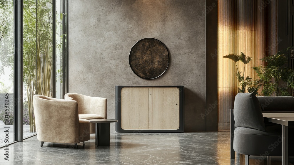 A modern fire hose cabinet installed in a hotel lobby, blending ...