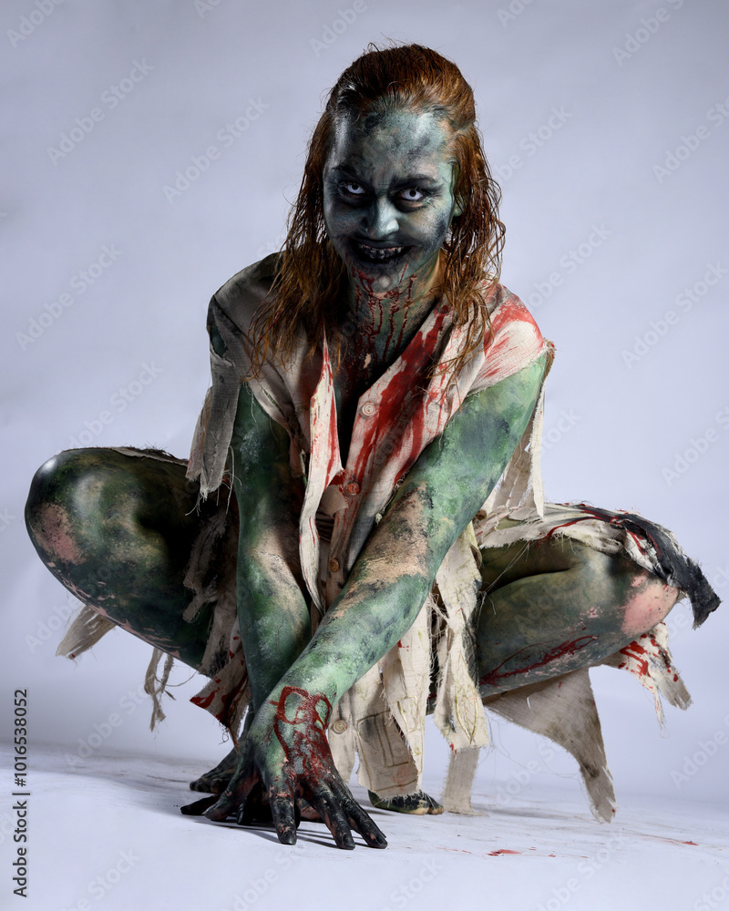 portrait of scary female model wearing spooky halloween costume, ripped ...