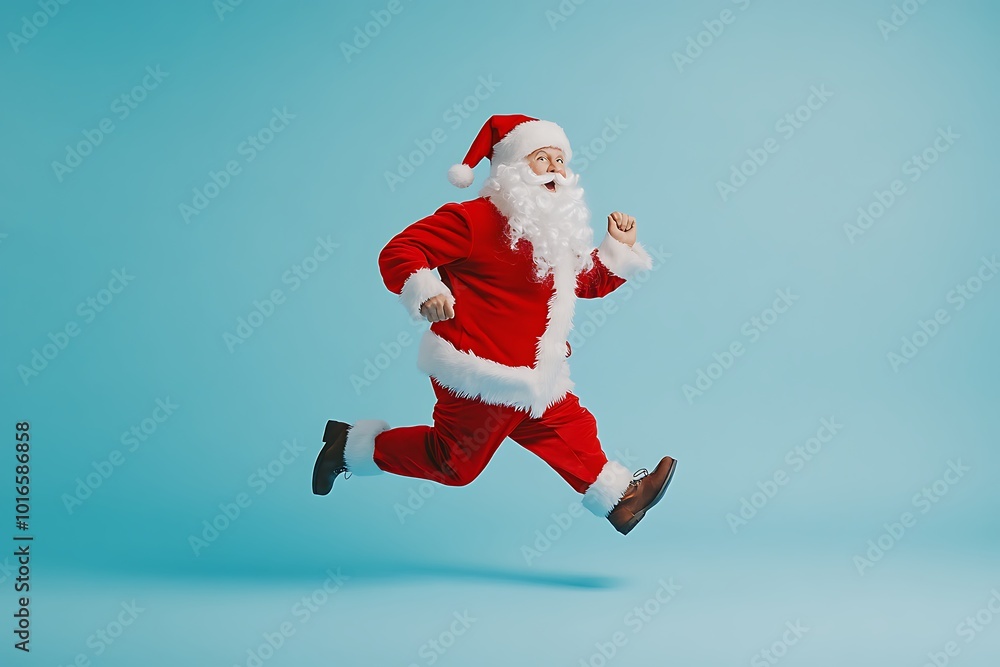 running happy santa claus in costume preparation christmas holiday ...