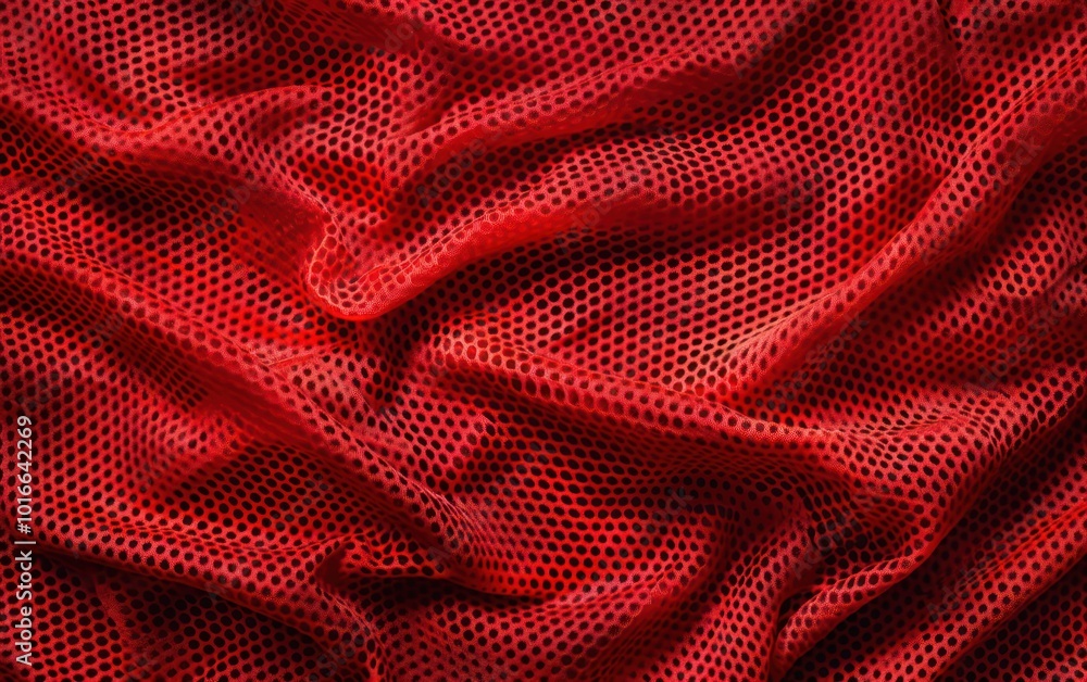 Red mesh fabric with black polka dots draped in waves. Textured textile ...