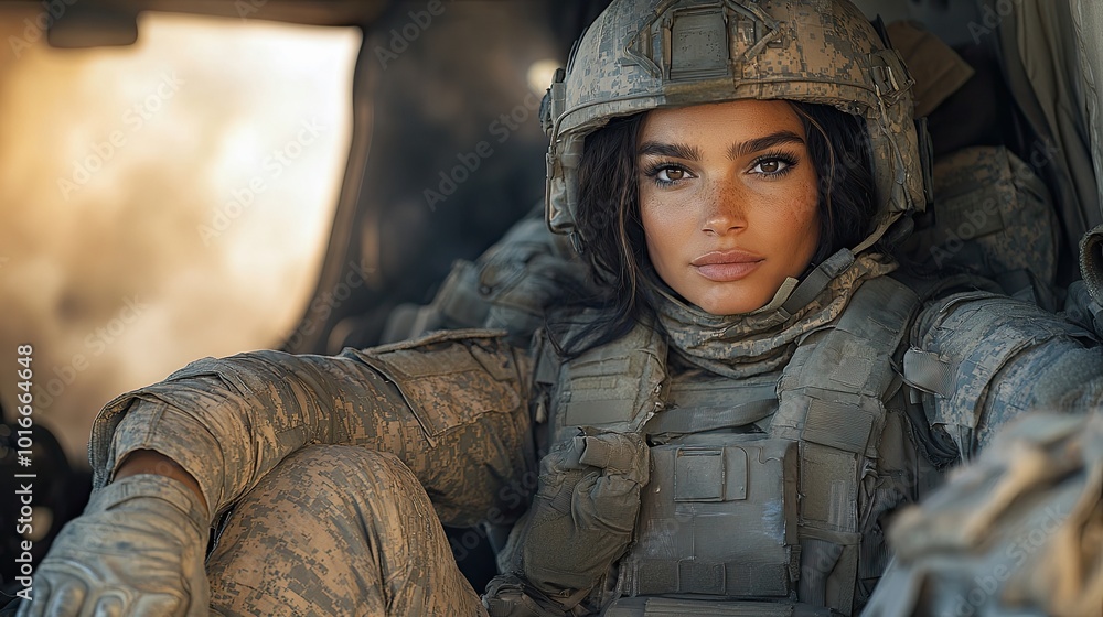 Woman Wearing Military Green Tanker Uniform and Tanker Helmet Sitting ...