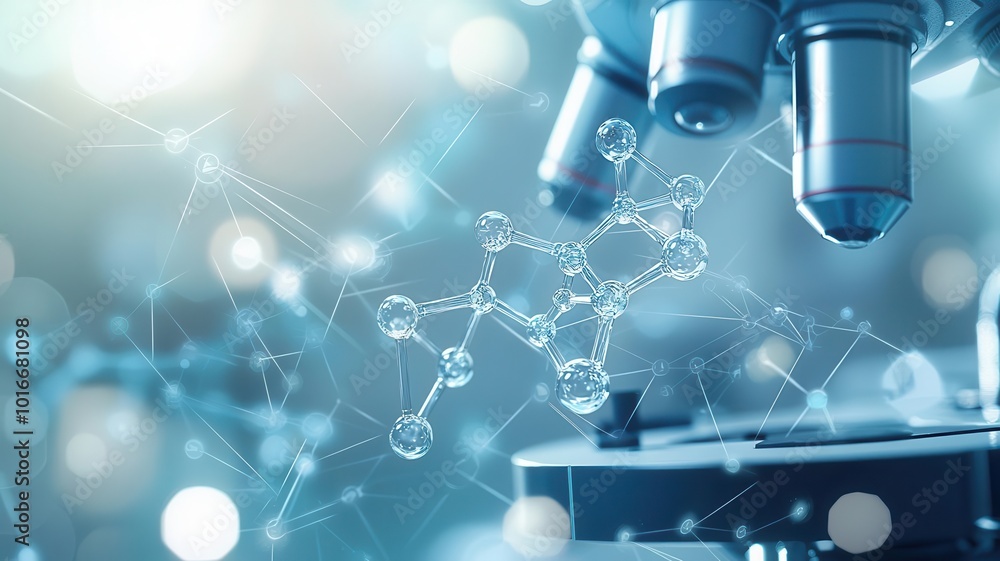 Synthetic chemical nanoparticles floating in solution, close up ...