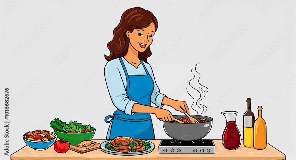 Hand drawing clipart of a mother cooking dinner in kitchen on plain ...