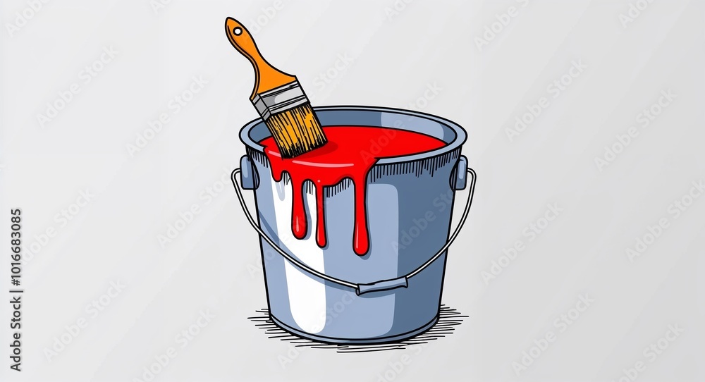 Hand drawing clipart of a paint bucket with dripping brush on plain ...