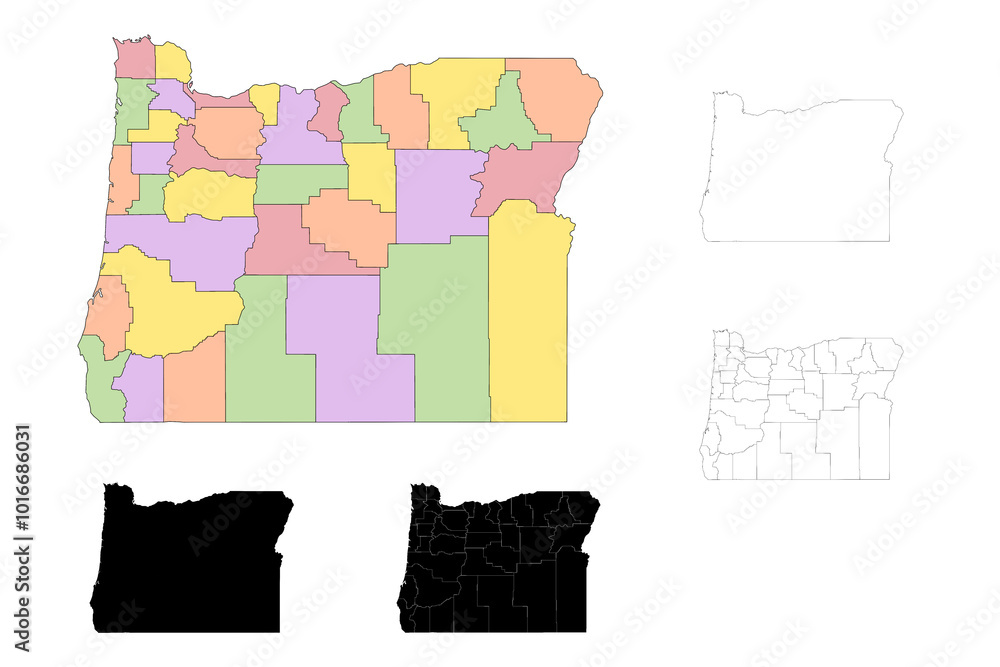 Oregon administrative map, Oregon outline and counties state map set ...