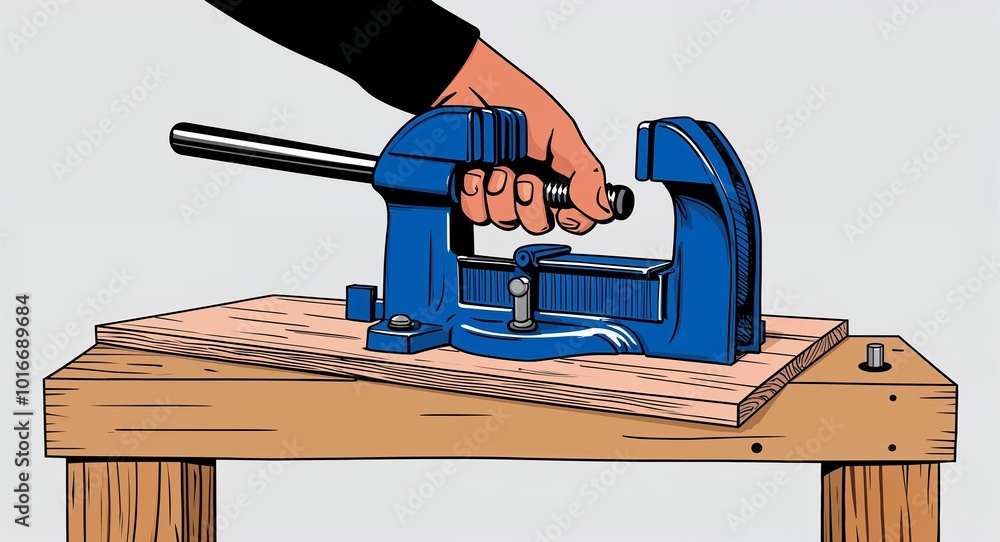 Hand drawing clipart of a vice grip clamping wood on workbench on plain ...