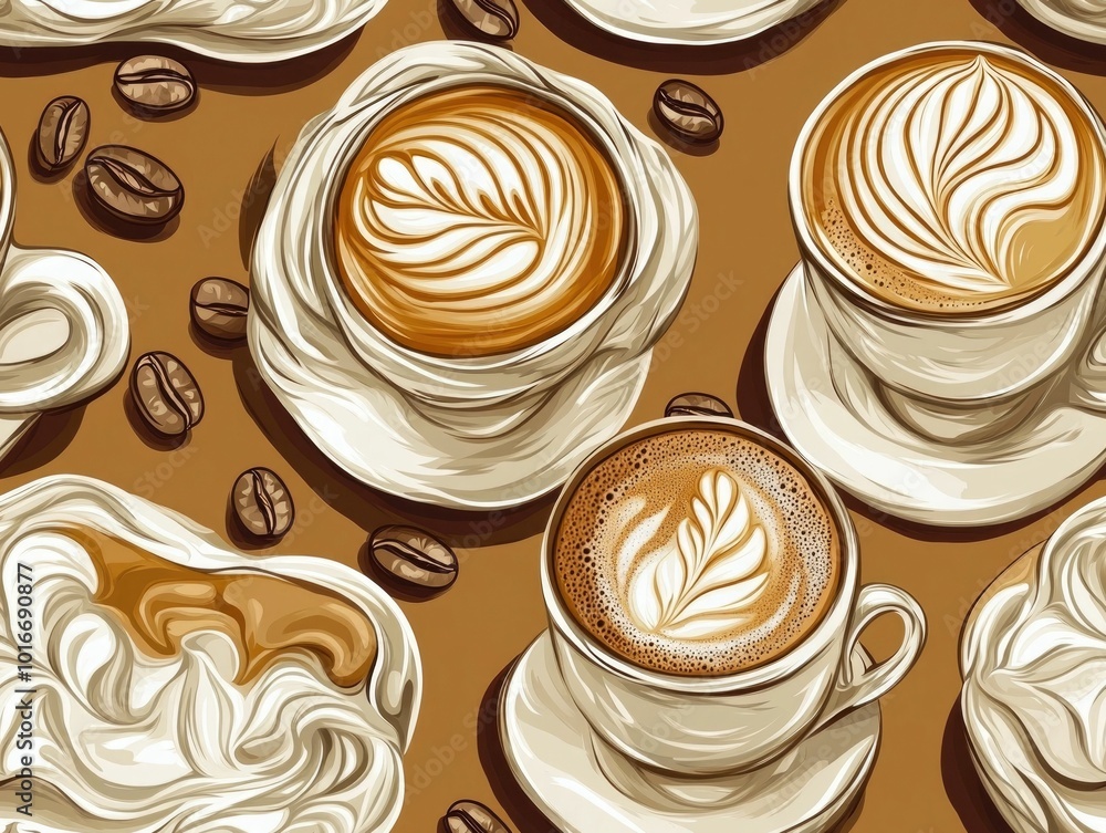 Seamless featuring a repeating pattern of coffee mugs with beautifully ...