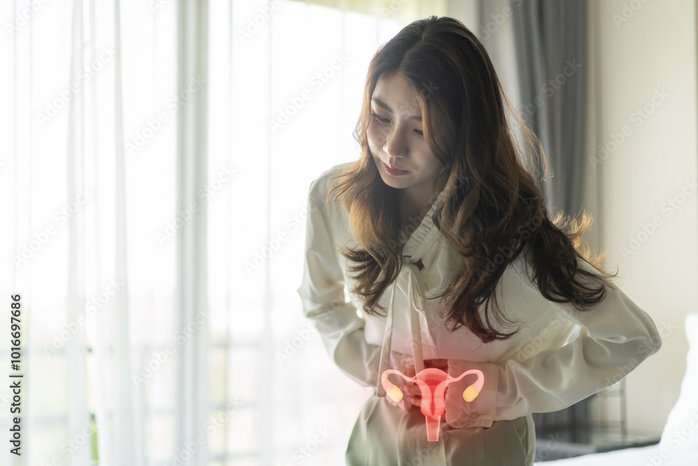 Young woman experiencing abdominal pain, uterus pain, reproductive ...