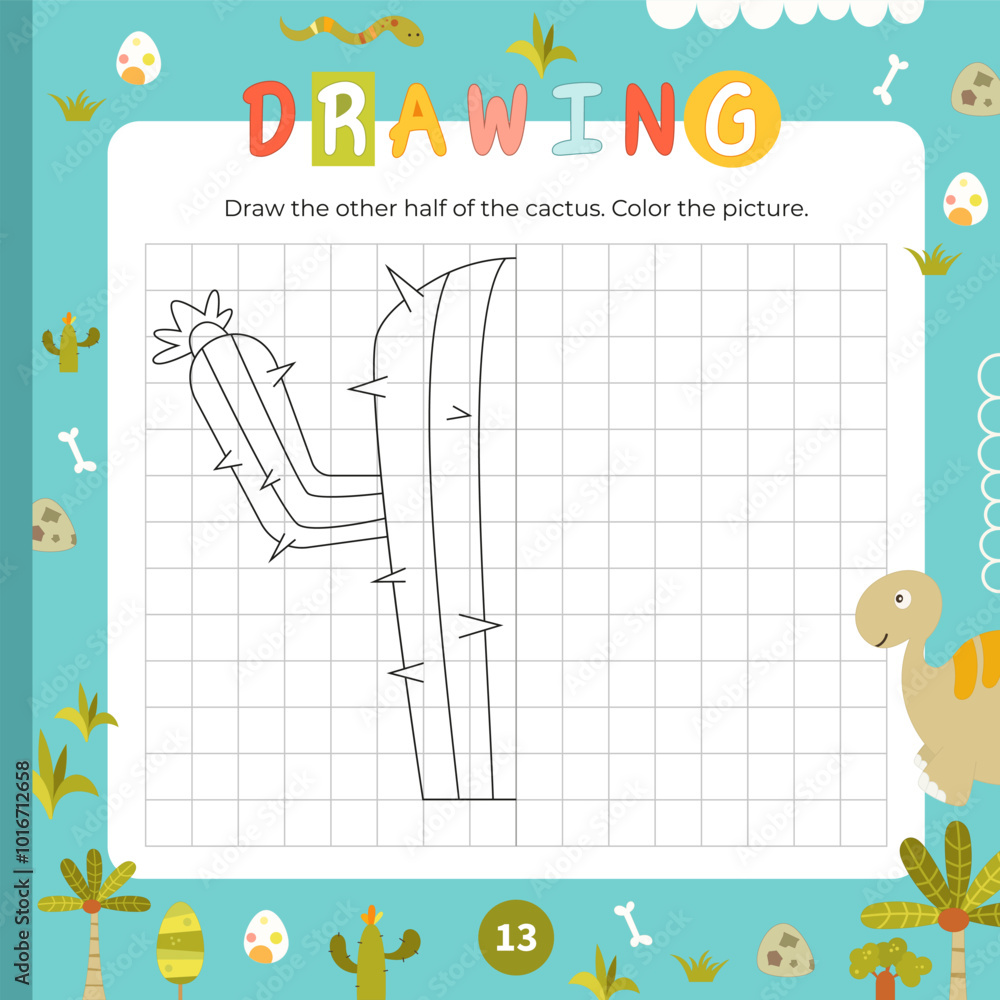 Dinosaurs activities for kids. Finish the picture – cactus. Logic games ...