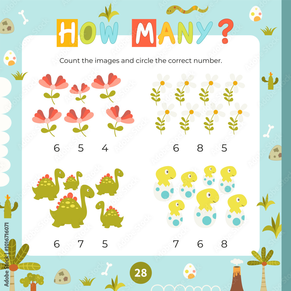 Vector de Stock Dinosaur activities for kids. How many. Count the ...
