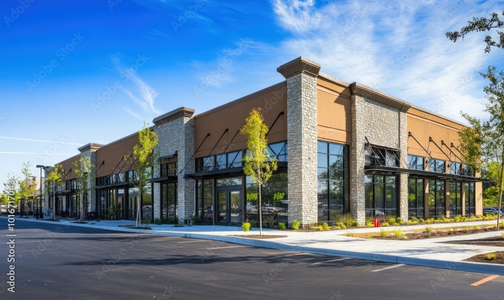 Modern commercial building with storefront windows and parking lot. Stock Photo | Adobe Stock
