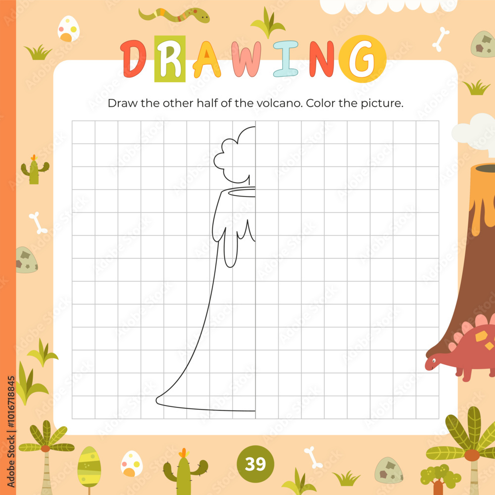 Dinosaurs activities for kids. Finish the picture – volcano. Logic ...