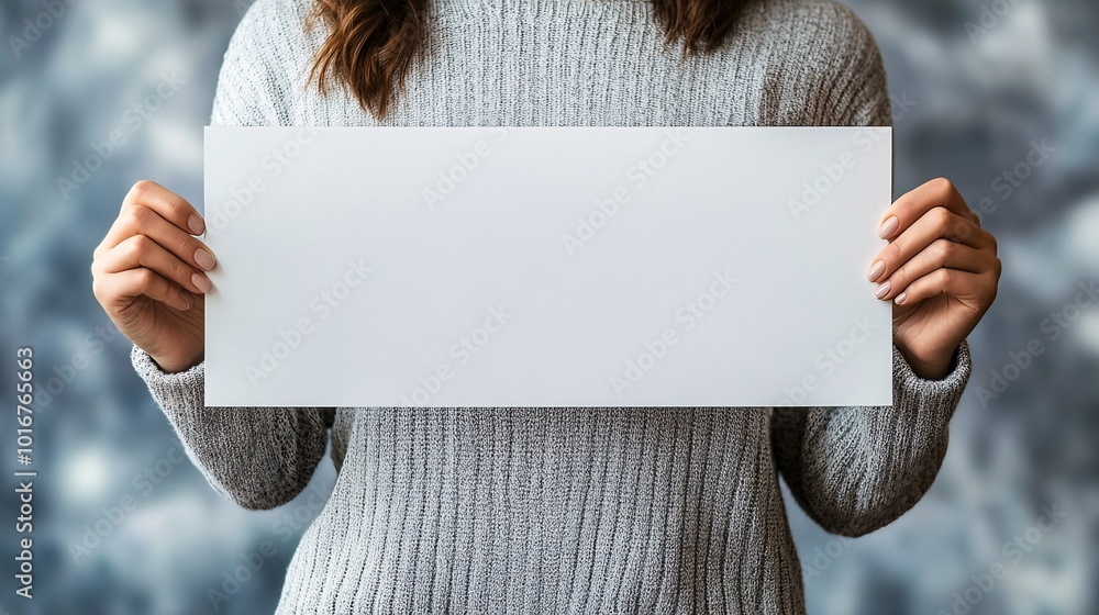 Photorealistic with side space for letters a woman holding a blank ...