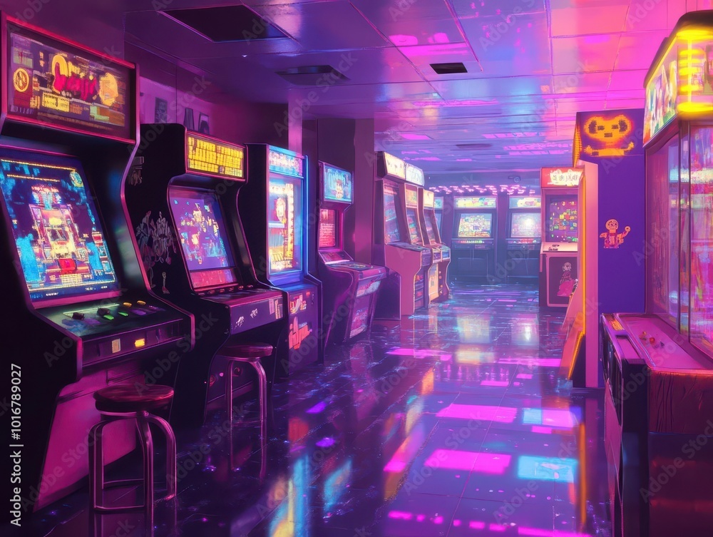 nostalgic arcade room illustration with retro gaming cabinets, neon lights reflecting off ...