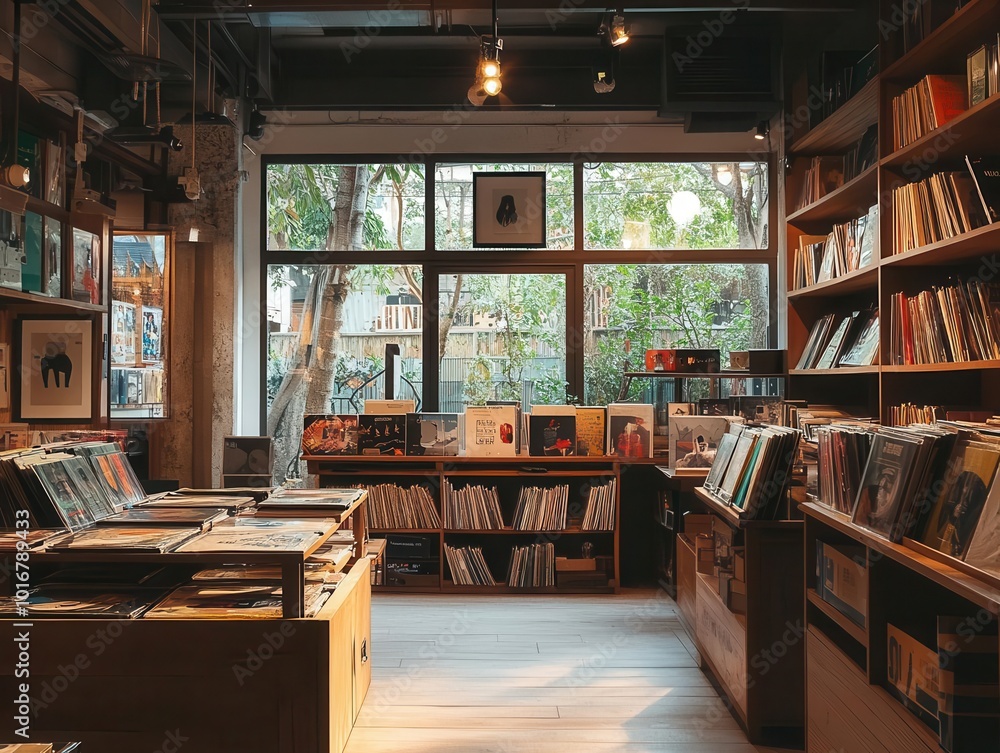 nostalgic vinyl record shop interior with floor-to-ceiling shelves ...