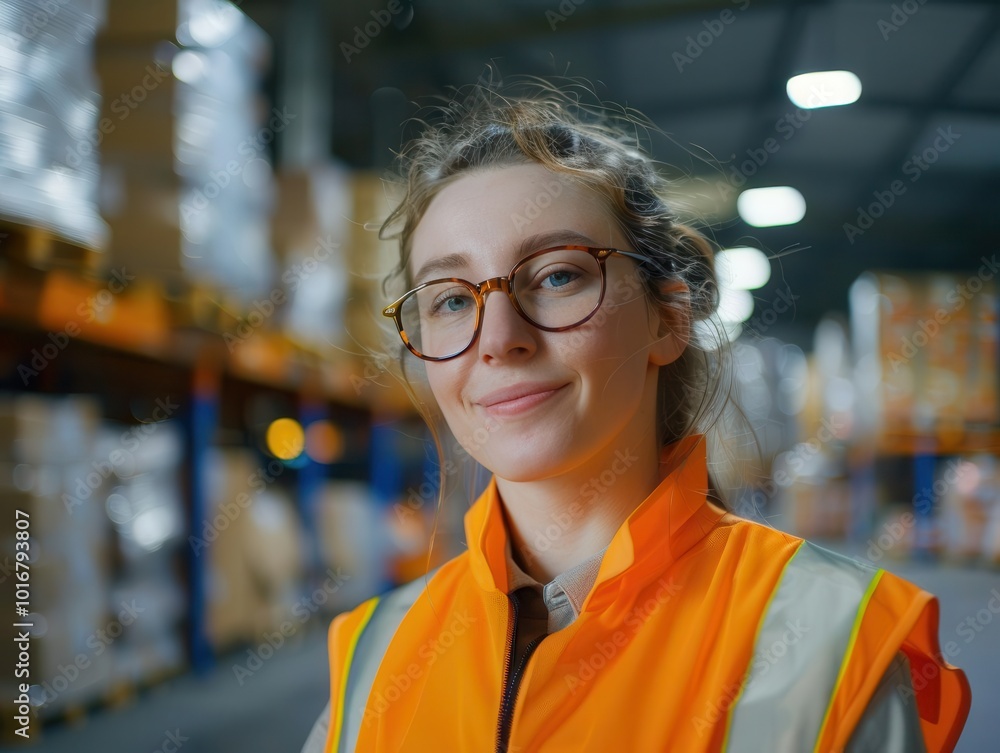 portrait of confident female warehouse worker, genuine smile and direct ...